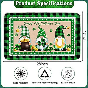 Svepndic St. Patricks Day Door Mat Indoor Outdoor Area Rugs 28 x 17 Inch Gnomes Shamrock Welcome Mat Non-Slip Green Entrance Floor Mat Clover Doormat for Kitchen Living Room Bath Room