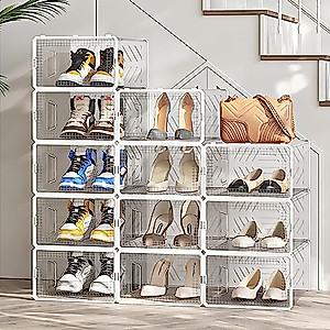 JOISCOPE 12 Pack Shoe Storage Boxes, Fit up to US Size 10, Clear PP Plastic Stackable Shoe Organizer for Closet, Space Saving Foldable Shoe Container Bins, for Entryway, White