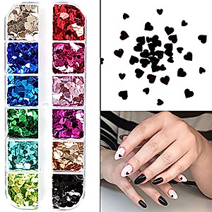 12 Grids 3D Heart Nail Glitter Sequins Holographic Laser Heart Nail Art Decals Love Nail Stickers Valentines Day Nail Glitter Flakes Red Silver Rose Gold Heart Glitter Design Nail Art Decoration