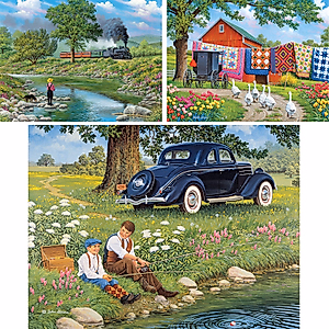 Bits and Pieces – Value Set of Three 500 Piece Jigsaw Puzzles for Adults – Around The Bend, Plain and Fancy, Father's Day Jigsaw Puzzles by Artist John Sloane, Completed Puzzle Size: 18" x 24"