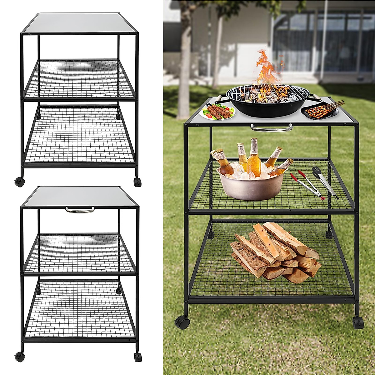 RIAHNEAH Outdoor Grill Cart with Wheels, Picnic Table with 3 layerStorage Shelves, Movable Dining Cart Worktable Trolley for BBQ, Portable Dining Cart Patio Bar Table