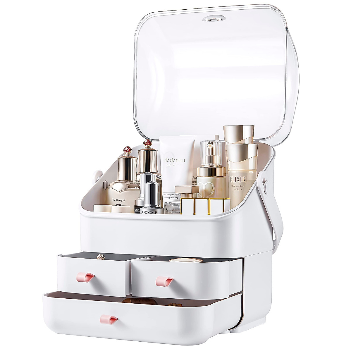 SUNFICON Makeup Organizer Holder Cosmetic Storage Box with Dust Free Cover Portable Handle,Fully Open Waterproof Lid, Dust Proof Drawers,Great for Bathroom Countertop Bedroom Dresser White
