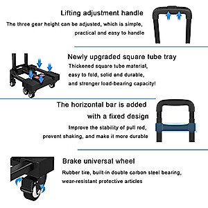 Foldable Dolly for Moving, Heavy Hand Truck Adjustable Handle, 440LB Luggage Cart Dolly with 6 Wheels & 2 Bungee Cords for Moving Heavy Furniture