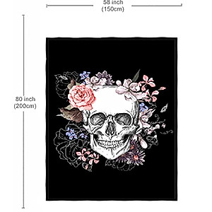 Mimihome Skull Throw Blanket, Sugar Skulls Flowers Warm Fleece Blanket for Sofa Couch Bed Chair, 80 L x 58 W Inches