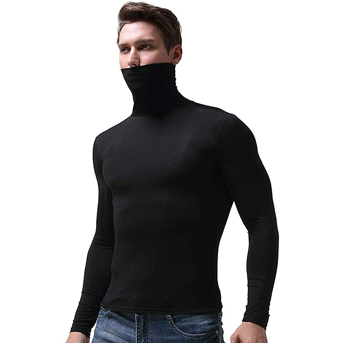 SALNIER Men Basic Turtleneck Slim Fit Long Sleeve Pullover Top Solid Thermal Knitted T-Shirt Sweaters Soft Lightweight Shirt (Black, M)