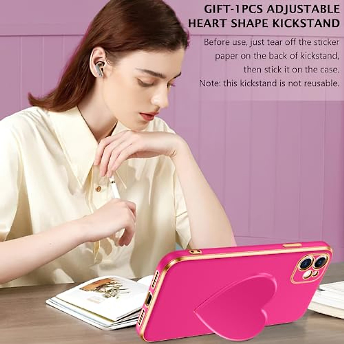 Telaso iPhone 12 Case, Hot Pink, Plastic, Slim Shockproof Protective Cover with Separate Love Heart Kickstand Holder, for Women