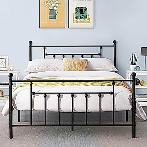 VECELO Queen Size Metal Platform Bed Frame with Headboard,No Box Spring Needed/Mattress Fundation/Victorian Vintage Style,Black