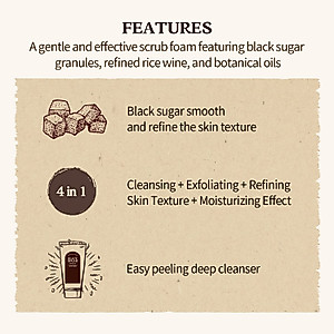 SKINFOOD Black Sugar Perfect Scrub Foam 180g - Detoxifying Pore Scrubs & Exfoliator Soft & Rich Bubble Facial Foam Cleanser, Removes Dead Skin Cells - Exfoliating Skincare for Men & Women (6.35 oz)