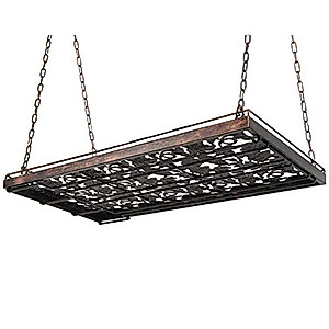 MyGift Ceiling Mount Hanging Wine Glass Holder Rack, Bronze Metal Stemware and Wine Bottle Shelf with Decorative Vineyard Cutout Design