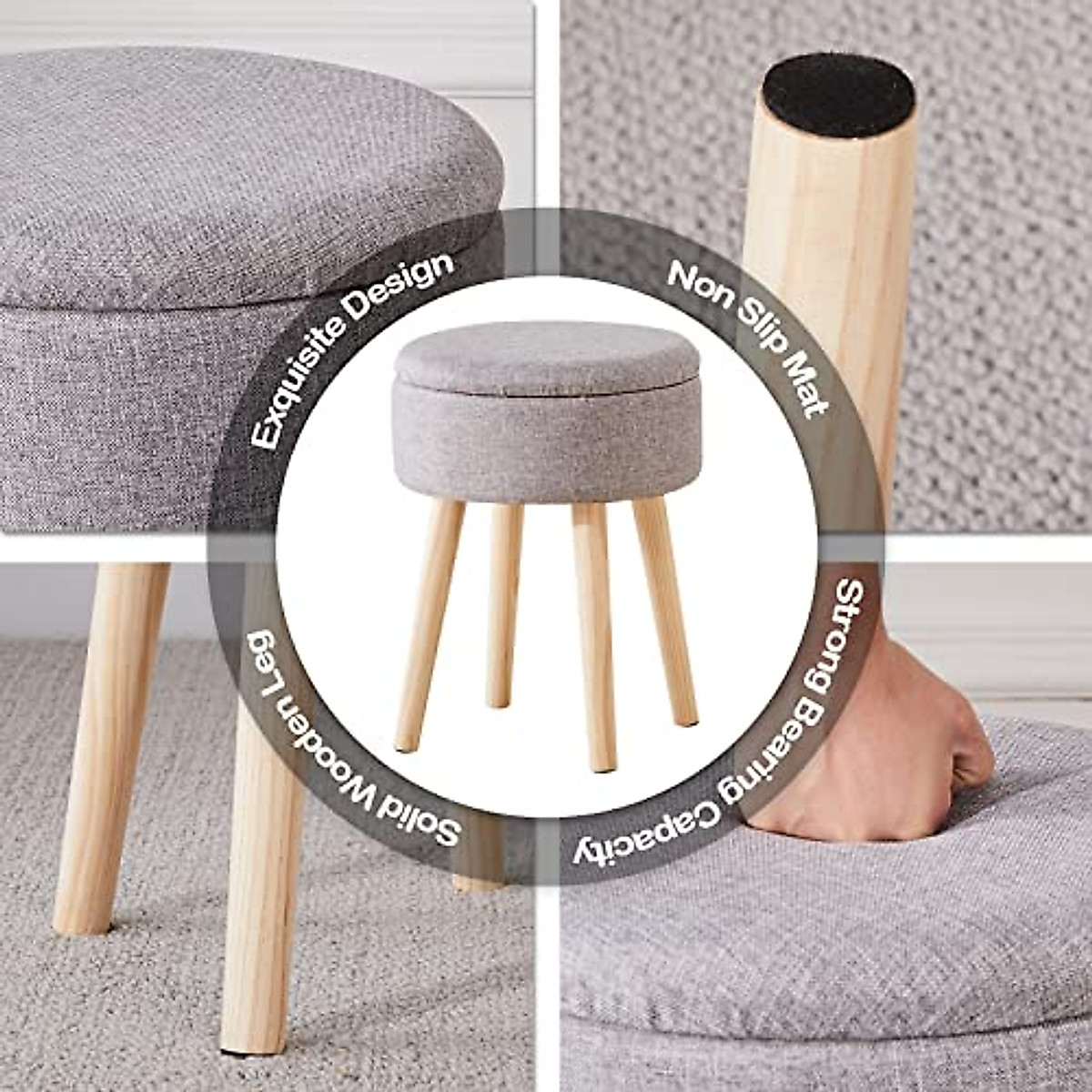 Mxfurhawa Storage Ottoman Linen Round Vanity Stool Tray Top Modern Foot Stool with Wood Legs Multifunctional Upholstered Foot Ottoman Rest for Living Room, Bathroom, Makeup (Grey)