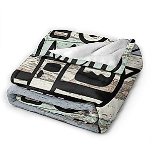 Soft Vintage Wooden Door Happy Camper Throw Wrap, Sherpa Plus Velvet Home Blanket Throw Wearable Blankets, Keep Warm Blankets for Bedroom Living Rooms Sofa Couch, 50x60 inch