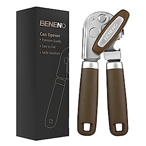 Can Opener Manual, Can Opener with Magnet, Hand Can Opener with Sharp Blade Smooth Edge, Handheld Can Openers with Big Effort-Saving Knob, Can Opener with Multifunctional Bottles Opener, Brown