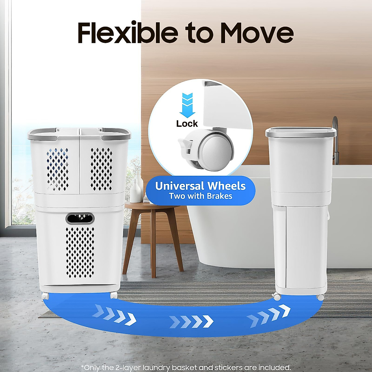 Household Laundry Basket with 4 Wheels, 3 Removable Bathroom Clothes Storage Basket Floor-Standing Large Hand-Held Laundry Basket for Towels Blankets and Bathroom Organization (2-layer 3 Baskets)