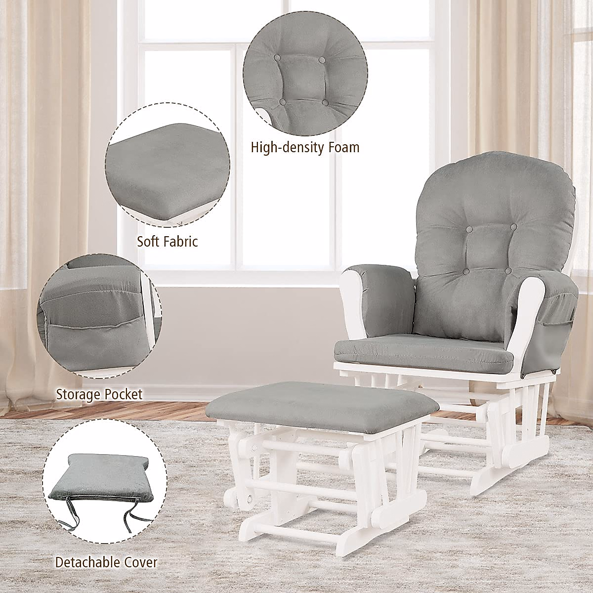 Costzon Nursery Glider with Ottoman, Upholstered Comfort Glider Rocker with Padded Cushion, Storage Pocket, Solid Wood Base, Rocking Chair Nursery for Breastfeeding, Maternity, Napping (Light Gray)