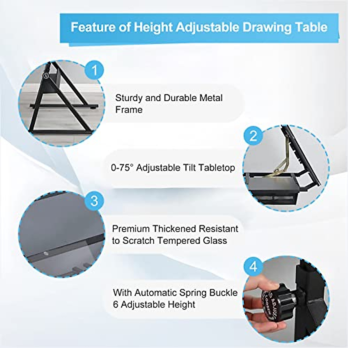 Waful Height Adjustable Drafting Tables, Glass Drawing Art Table, Art Artists Desk, Tilting Tabletop Paintings Work Station Artist Table -2 Storage Drawer for Reading, Writing Art Craft Work Station