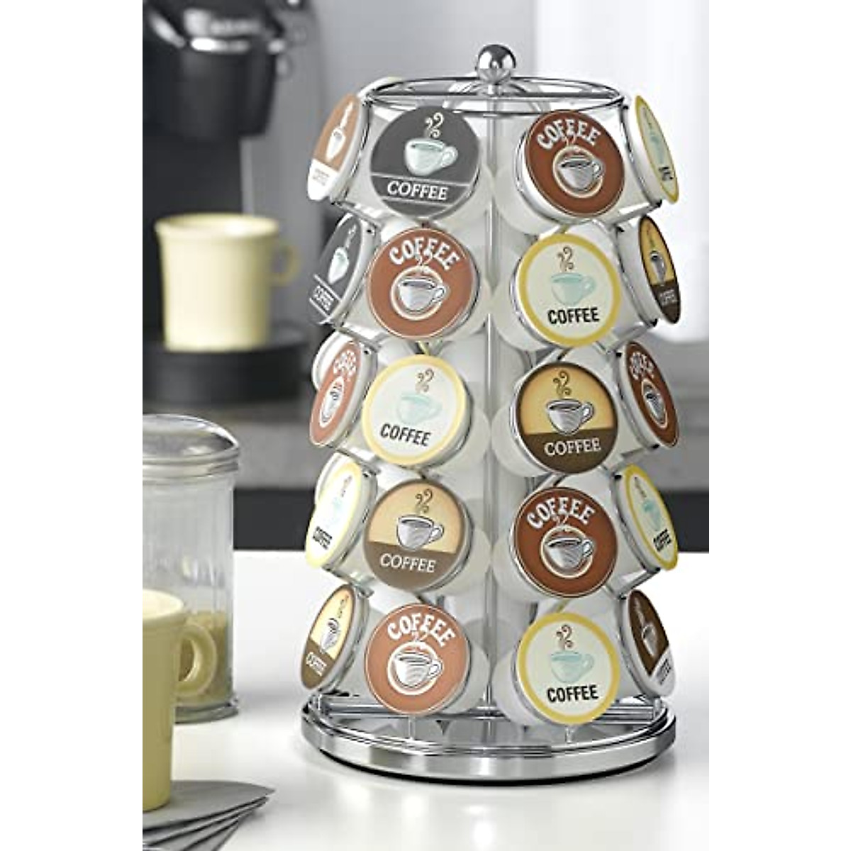 Nifty K Cup Holder – Compatible with K-Cups, Coffee Pod Carousel | 35 K Cup Holder, Spins 360-Degrees, Lazy Susan Platform, Modern Chrome Design, Home or Office Kitchen Counter Organizer