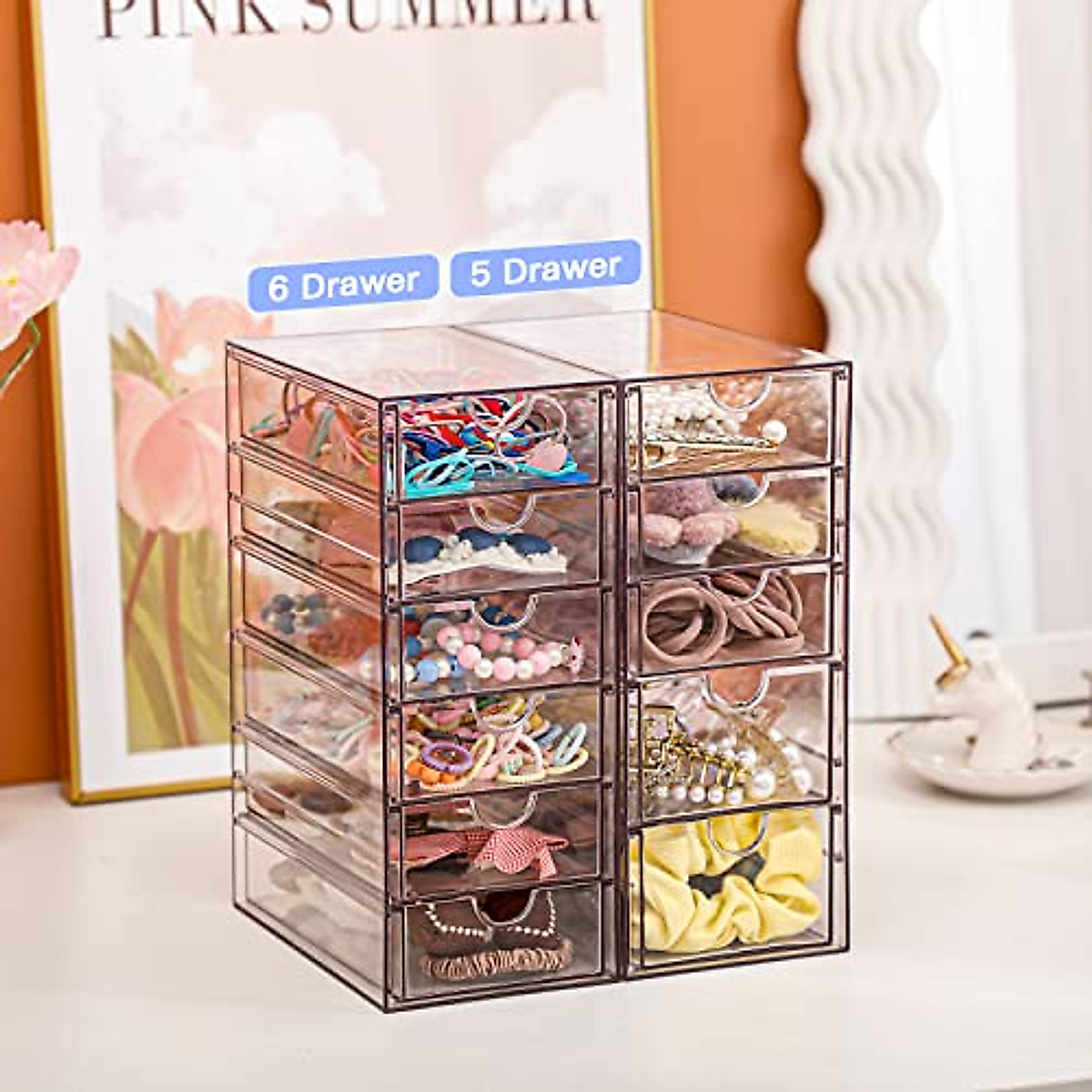 FABROK Clear Hair Accessory Organizer Box with 6 Drawers, Compact Storage Organization Drawers Set for Cosmetics, Glasses, Stationery, Stackable Storage Containers Box for Bathroom, Closet, Office