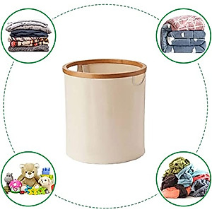 90L Capacity Laundry Hamper, Round Foldable Bamboo Laundry Basket, with Handles, Collapsible Baskets for Clothes & Storage & Bedroom - Off White