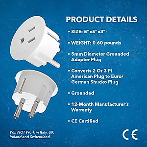 OREI American USA To European plug adapter – Type E/F schuko plug adapter - Use in Germany, France, & more - CE Certified – For Mobile, Laptop & Camera Chargers - 2 Pack