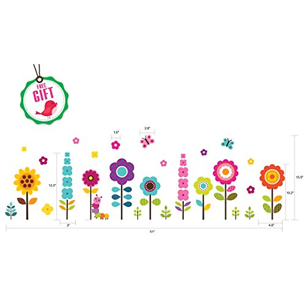 Flower Wall Stickers for Kids - Floral Garden Wall Decals for Girls Room - Removable Toddlers Bedroom Vinyl Nursery Wall Décor [27 Art clings] with Free Bird Gift!