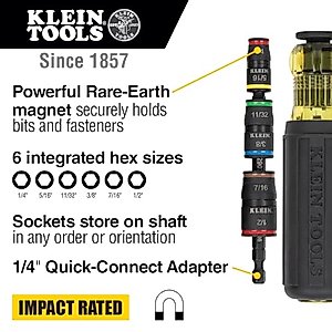 Klein Tools 32900 Impact Driver, 7-in-1 Impact Flip Socket Set with Handle, 6 Hex Driver Sizes plus a 1/4-Inch Bit Holder