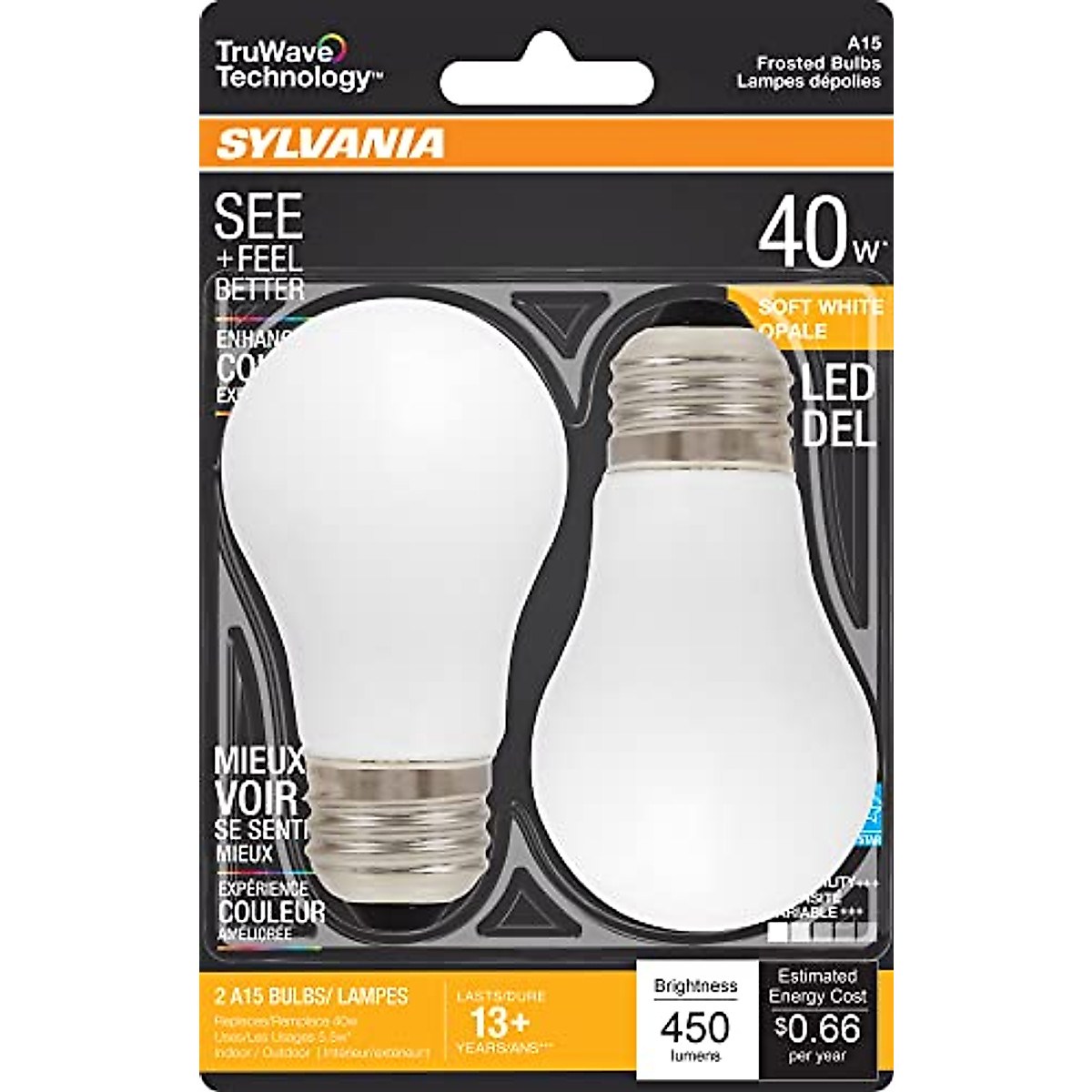 SYLVANIA LED TruWave Natural Series Ceiling Fan / Fixture Light Bulb, 40W A15 Soft White Medium Base, Dimmable, Frosted - 2 Pack