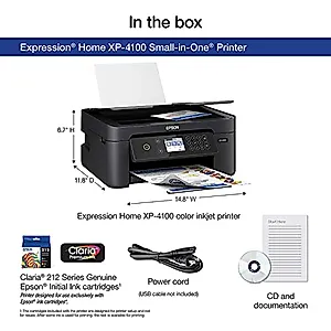 Epson Expression Home XP-4100 All-in-One Wireless Color Inkjet Printer, Black - Print Copy Scan - 10.0 ipm, 5760 x 1440 dpi, 2.4" Color LCD, Auto 2-Sided Printing, Voice-Activated, USB, Wi-Fi Direct