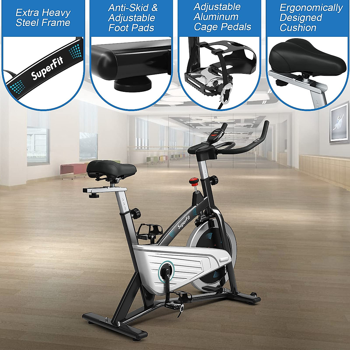 Goplus Magnetic Stationary Bike, Indoor Exercise Cycling Bike Smooth Belt Drive W/Heart Rate, LCD Monitor, Full Adjustment Near-silent Home Cardio Workout Spin Bike