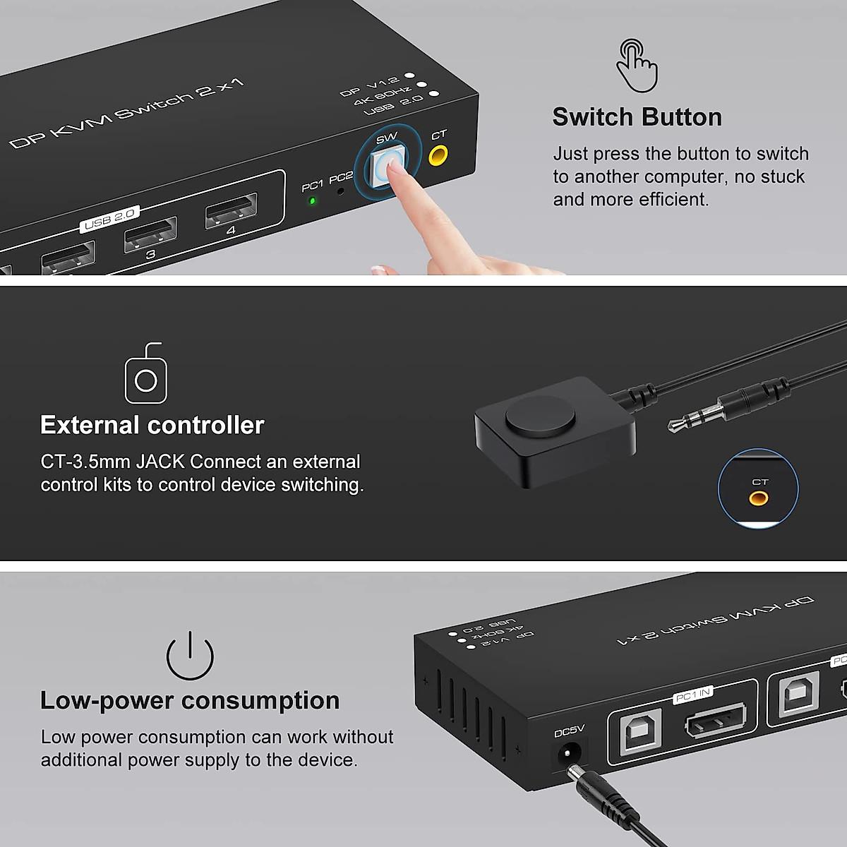KVM Switch DisplayPort 2 Port 4K 60Hz USB2.0 DP 1.2 for DP KVM Switches 2 PC 1 Monitor Switch Support Wire-Desktop Controller Including 2 USB2.0 Cable