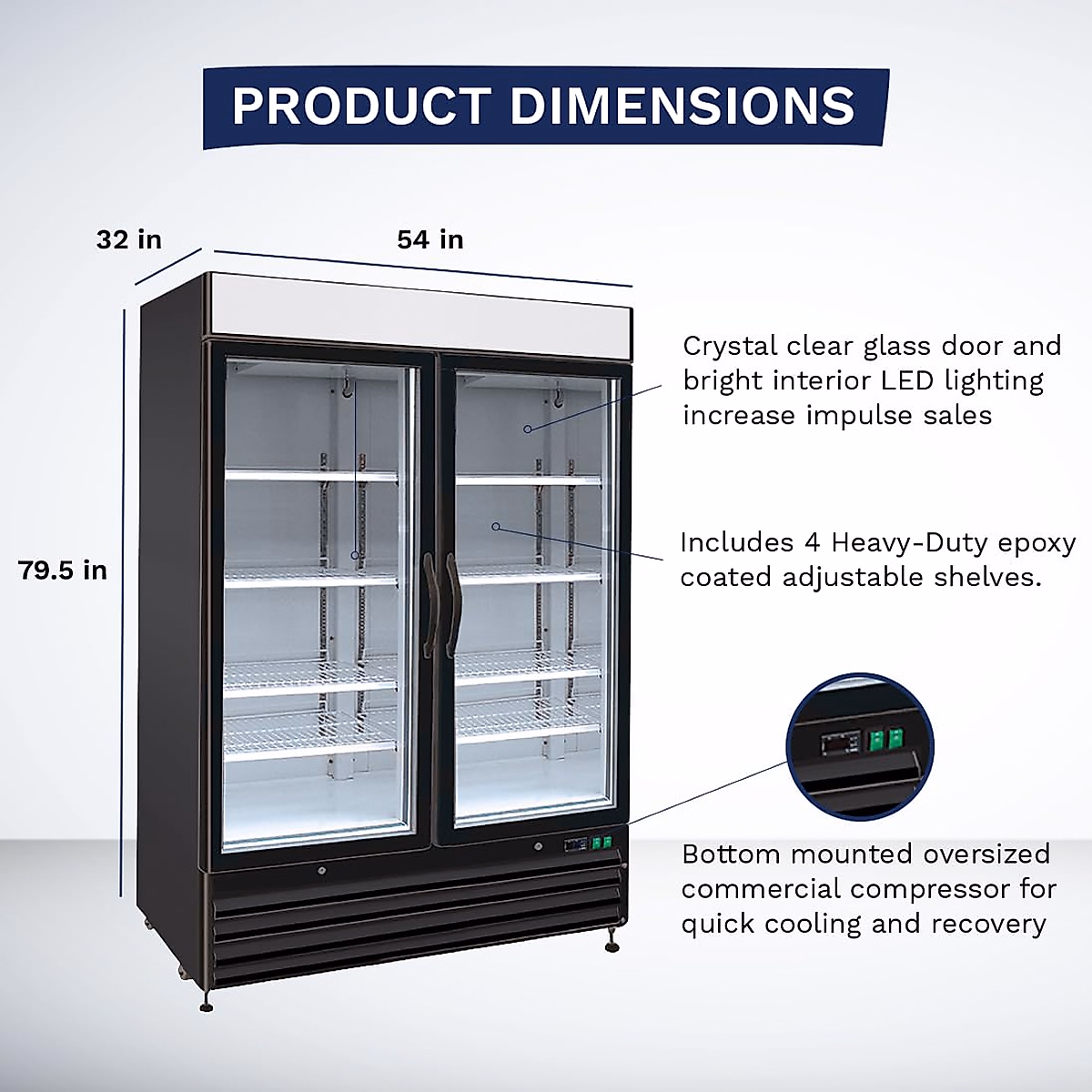 Kratos Commercial Display Refrigerator- Swing Glass 2 Door Merchandiser- 54" W 48 cu ft (69K-720)