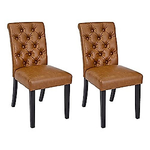 CangLong Mid-Century Tufted Leather Kitchen Counter Upholstered Dining Chairs with Wood Legs Set of 2,Brown