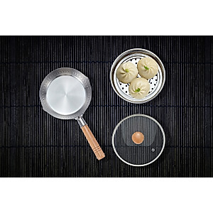 CONCORD 2 Quart Stainless Steel Yukihira Pan with Steamer. Traditional Japanese Saucepan with Wood Handle. Great for Ramen, Tempura pot, Milk, etc.