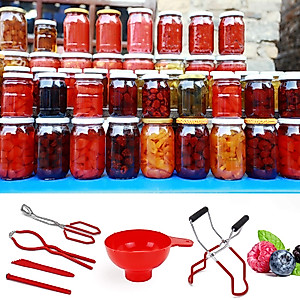 Canning Kits, Canning Jar Lifter with Grip Handles, Jar Tongs, Jar Wrench, Lid Lifter, Funnel for Wide Mouth and Regular Jars in Home Canning Supplies, Kitchen Tool Anti-Scald Clip Suit (Red)