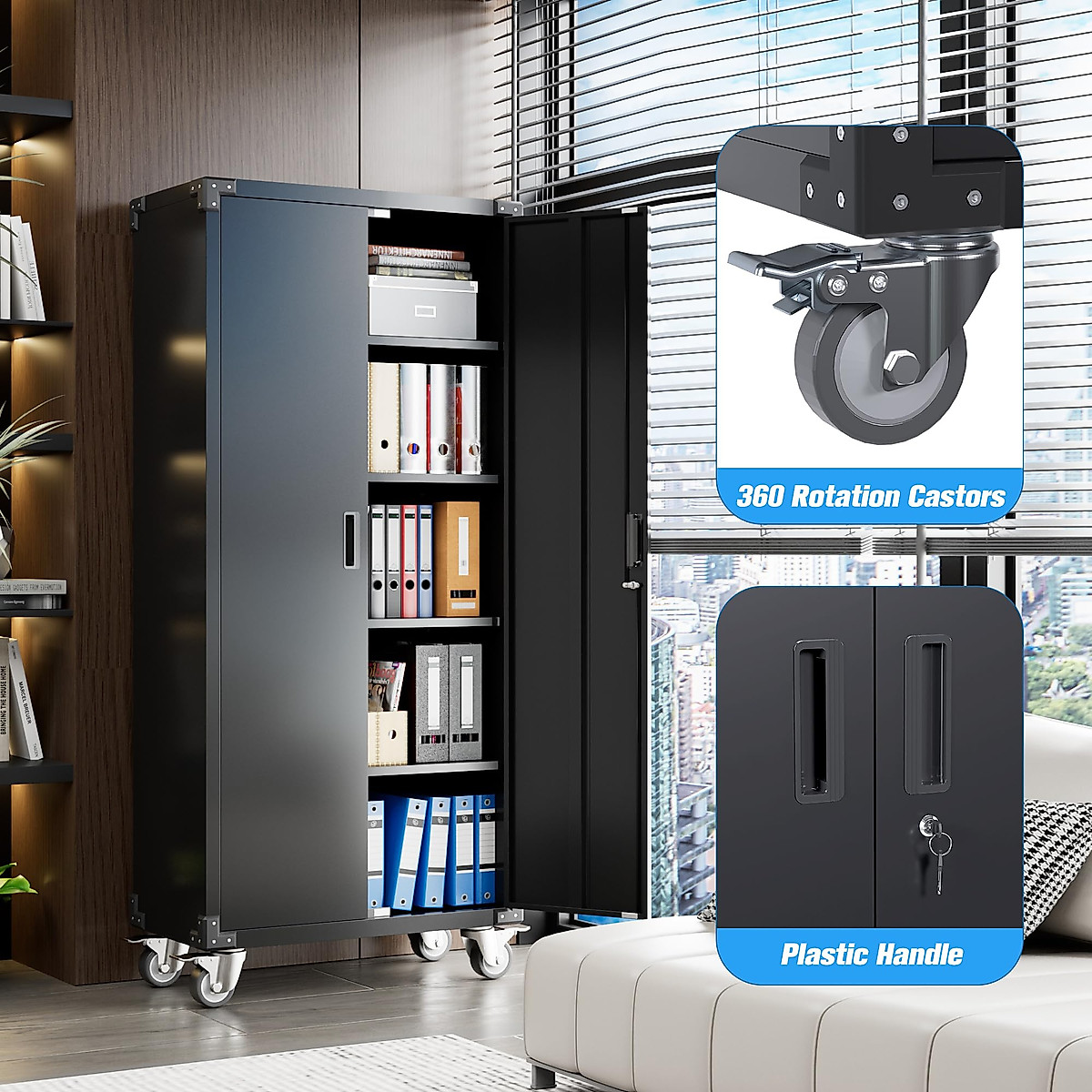 Aobabo 72 Inches Metal Garage Storage Cabinet with Wheels, Locking Metal Storage Cabinet with 4Shelves, Rolling Tool Storage Cabinet on Wheels, Assembly Required,Black