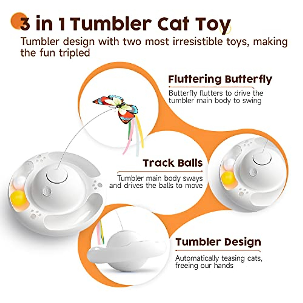 Potaroma Cat Toys Tumbler Smart Interactive Electronic Kitten Toy, Fluttering Butterfly, Bell Track Balls, Indoor Exercise Cat Kicker, 3 AA Batteries Required (Bright White)
