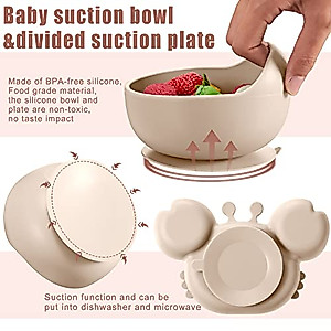 14 Pcs Baby Feeding Set Silicone Baby Led Weaning Feeding Supplies, Suction Bowl Crab Shape Divided Plate Adjustable Bib Soft Spoon Fork Snack Cup with Lid Drinking Cup, Toddlers Self Eating Utensil
