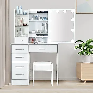 Saihemei Modern Vanity Desk with Lights, 6 Drawers Dresser with Cushioned Stool and 3 Lighting Colors, Makeup Table with Lots Storage for Bedroom