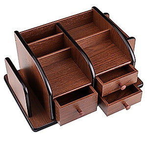 Flexzion Wooden Desk Organizer w/Drawers - Classic Wood Office Supplies Accessories Desktop Tabletop Sorter Shelf Rack Cherry Brown Pencil Holder Caddy Set with 3 Drawers, 3 Compartments & 2 Shelves