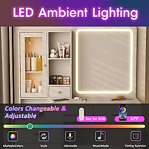 Fameill Makeup Vanity Desk with Mirror and Lights, White Vanity Table Set with Charging Station, Dressing Table with RGB Cabinet, Makeup Vanity Mirror with 5 Drawer, Hooks, Storage Shelves, Chair