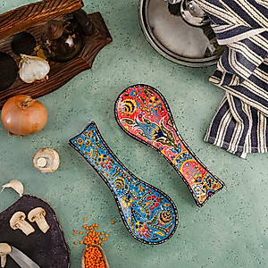 BCS Spoon Rest Set of 2 - Ceramic Spoon Holder for Stovetop & Kitchen Counter - Dishwasher Safe Handmade Kitchen Utensil (Blue-Red 3.5” W x 9" L)