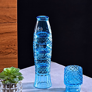 MDLUU Fish Design Tumbler Glasses, Stackable Drinking Glasses, Colored Glass Beverage Cups, Nautical Glassware for Gift, Set of 4 (Blue)