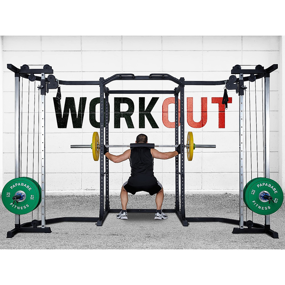 papababe Power Cage, Squat Rack with Cable Crossover Power Rack with LAT Pulldown(Power Cage with Cable Crossover)