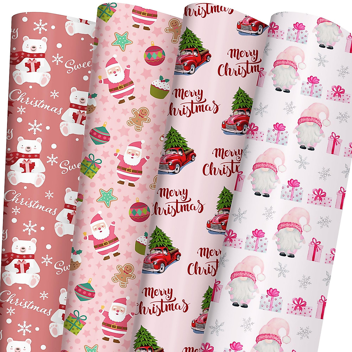 SaringSwoon Pink Christmas Wrapping Paper for Boys Girls Kids - Xmas Gift Wrap With Santa, Gnome, Rustic Red Trucks, Polar Bear on Pink Designs - 40×28 Inches, 6 Folded Sheets
