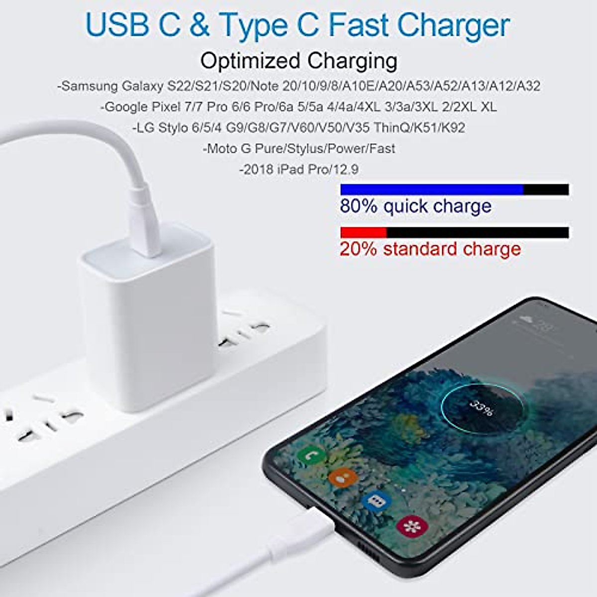 USB C Fast Charger for Google Pixel 7 7 Pro 6 6 Pro 6a 5 4 4A 4XL 3 3A 3XL 2 XL, Pad Pro, Samsung Galaxy A14 5G A13 A53 A03s S23 S22 S21 S20 FE A54, 20W 3A PD Power Adapter with 6FT Type C to C Cable