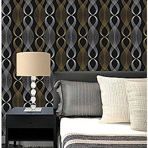 ZAMNEA Gold Silvery Wave Stripe Shape Self-Adhesive Liner Paper, Black Removable Peel and Stick Dresser Cabinets Furniture Table Desk Home Decor 17.8 x 118 inch