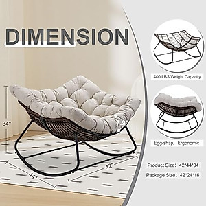 ZJEYEJZ Outdoor Rocking Chair, Oversized Rattan Papasan Rocking Chair, Patio Wicker Egg Chair with Padded Cushion, Rocker Egg Chair for Living Room, Patio, Front Porch, Backyard