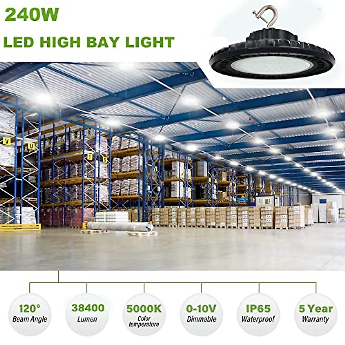 LED Flying Direct 480V LED UFO Hig Bay Light 240W, 1000W MH/HPS Equivalent, 36000LM, 5000K 200-480V Input Voltage, Open Hook, 1-10V Dimmable DLC Premium ETL Approved