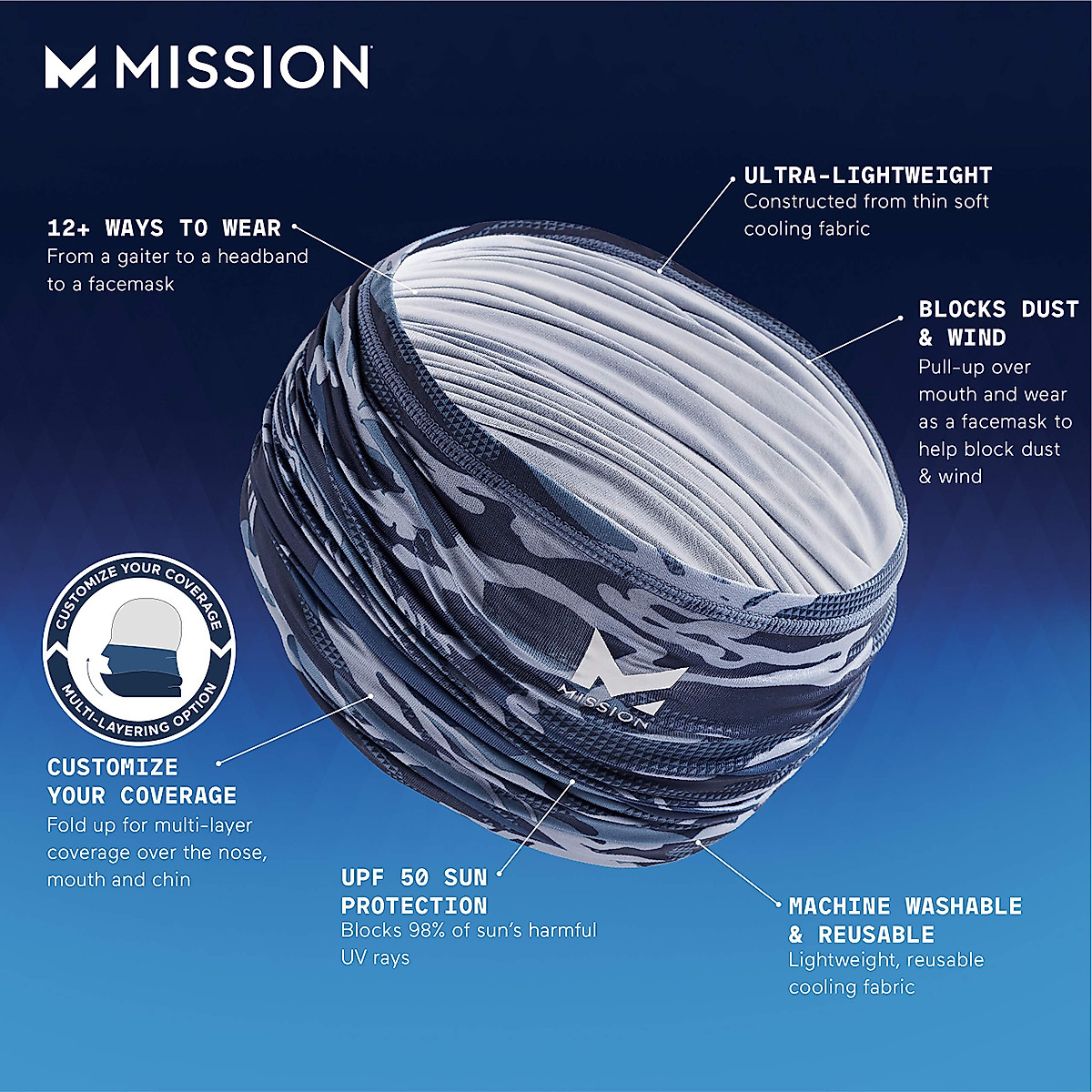 MISSION Cooling Neck Gaiter 12+ Ways To Wears, Face Mask, UPF 50, Cools when Wet Matrix Camo Blue