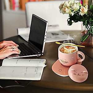 Coffee Warmer with Mug - Cute Coffee Cups Cat Mug Cup Warmer Mug Warmer for Desk Coffee Cup for Women Smart Coffee Mug Warmer Coffee Mug Warmer is The Gift with Gift Box Pink