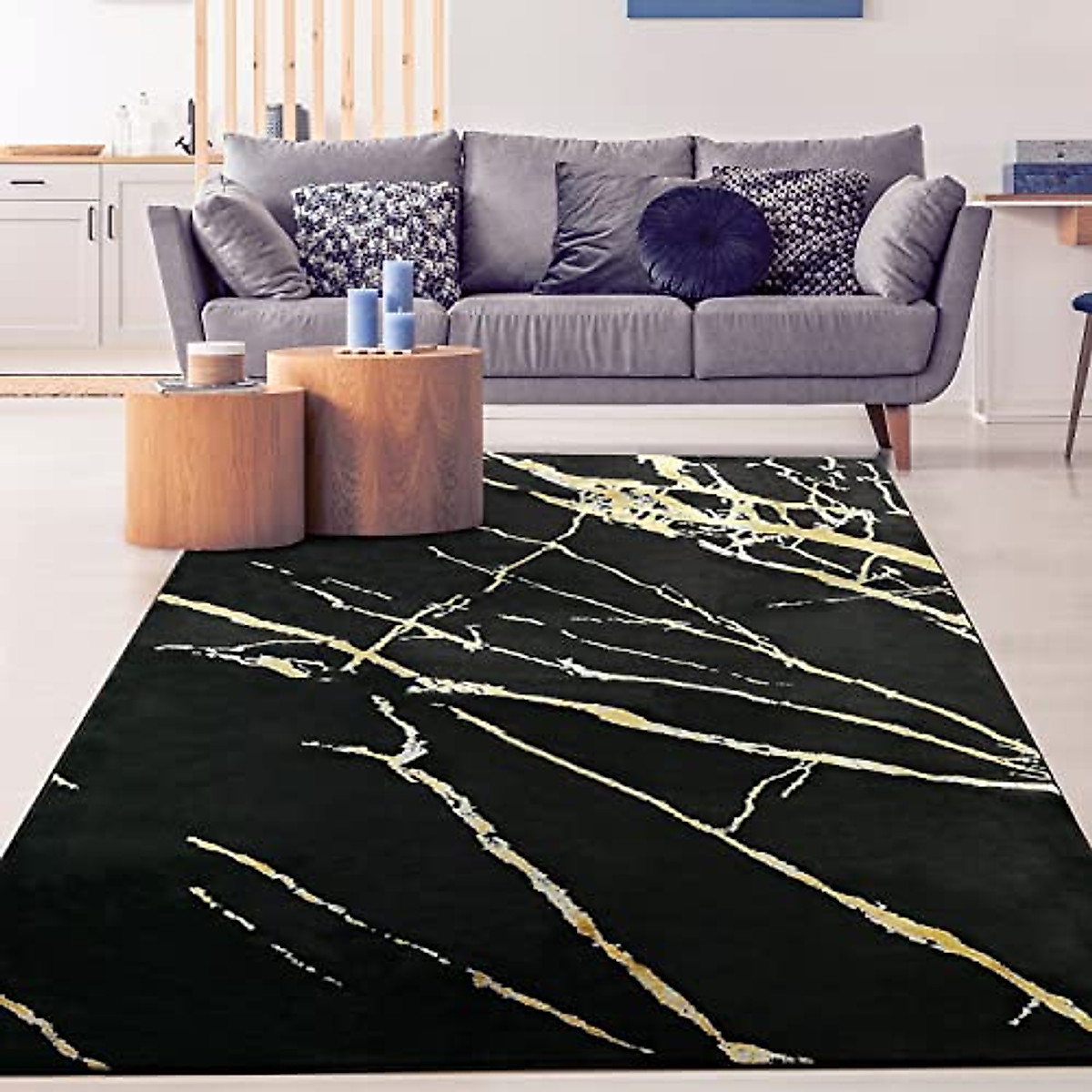 Antep Rugs Babil Gold 5x7 Marble Abstract Modern Indoor Area Rug (Black, 5'3" x 7')